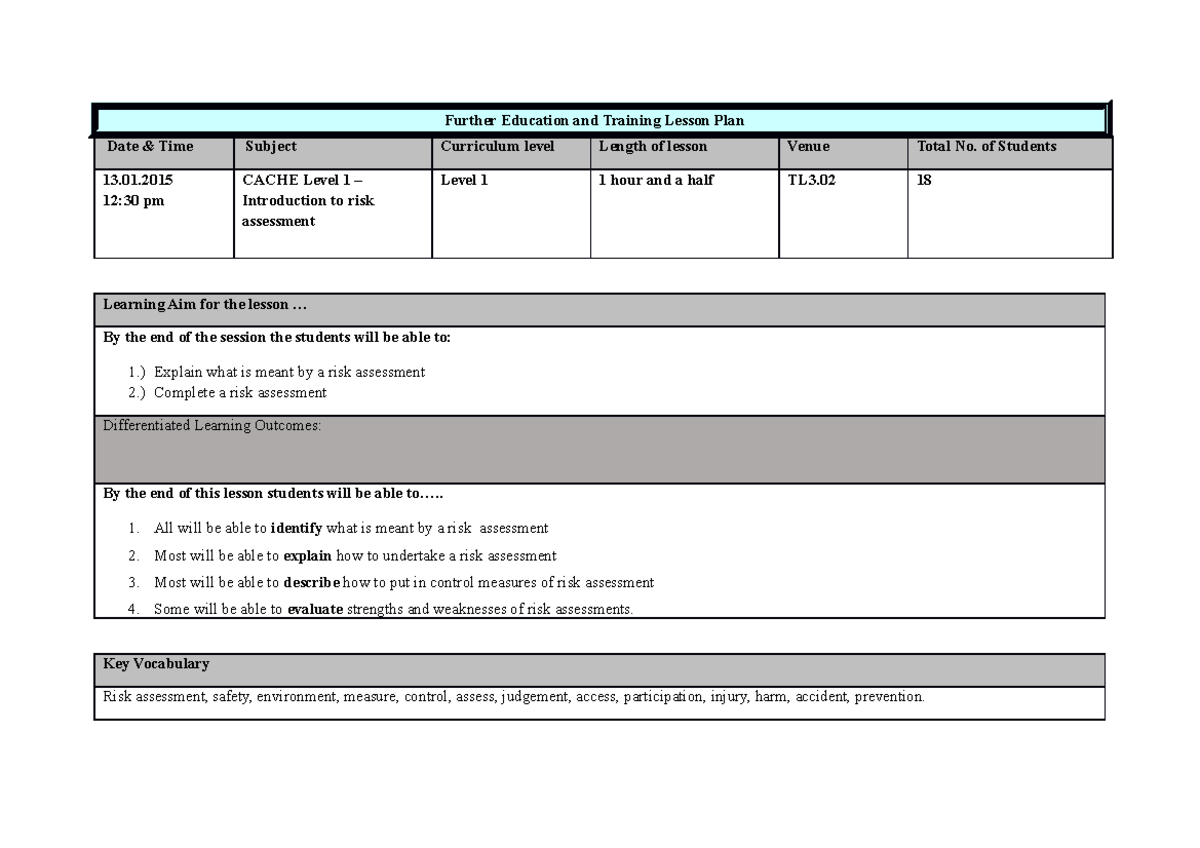 Lesson Plan on risk assessment - Further Education and Training Lesson ...