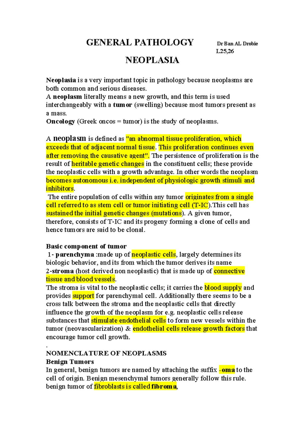 Neoplasia 1 - Neoplastic diseases - GENERAL PATHOLOGY Dr Ban AL Drobie ...