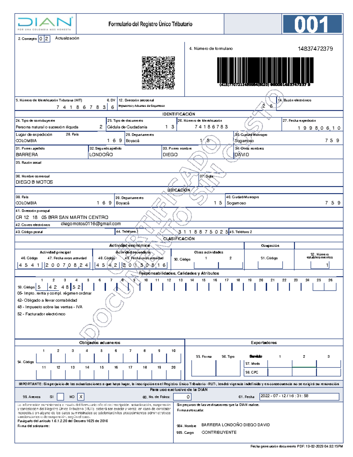 RUT Actualizado Diego Motos 120722 - Fecha generación documento PDF: 13-02-2023 04:32:15PM - Studocu