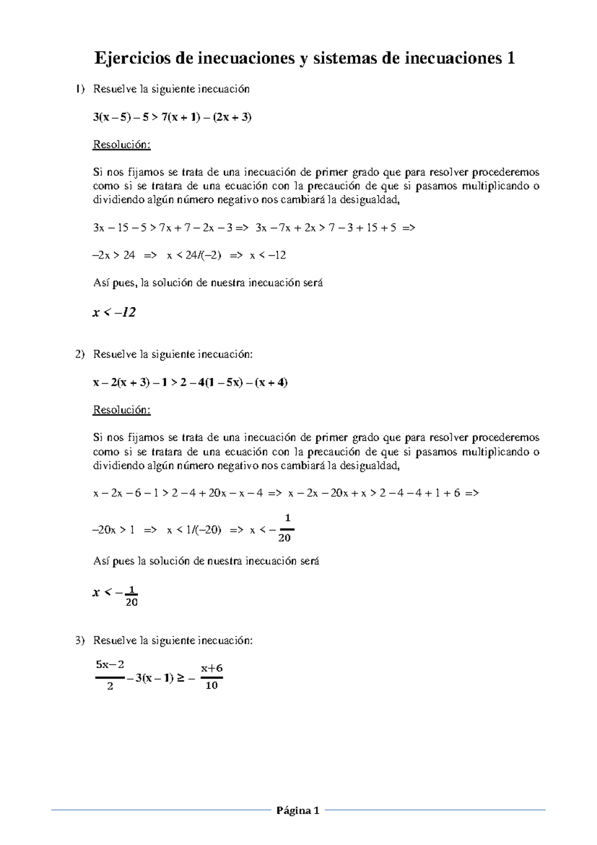 Ejercicios de inecuaciones y sistemas de inecuaciones 1 CON Solucion - Página 1 Ejercicios de ...