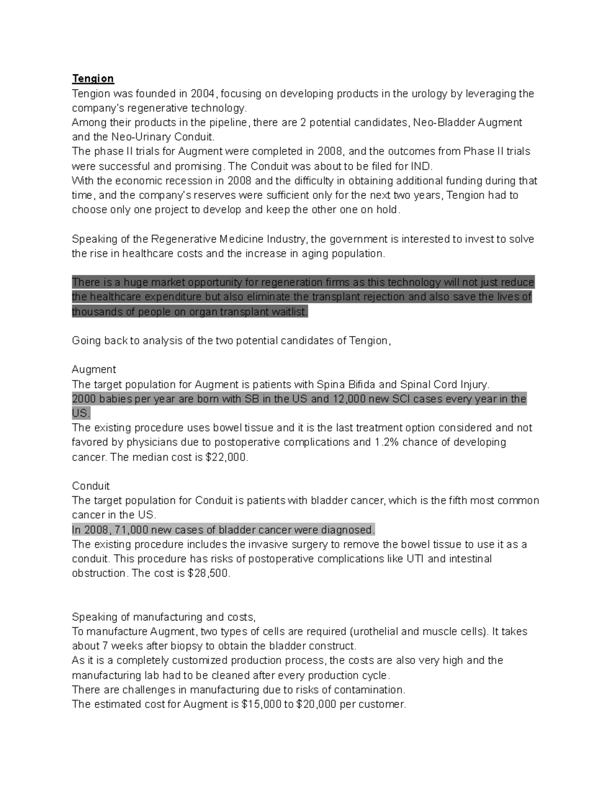 Tengion Case Notes - HBS Case Analysis - Tengion Tengion was founded in ...