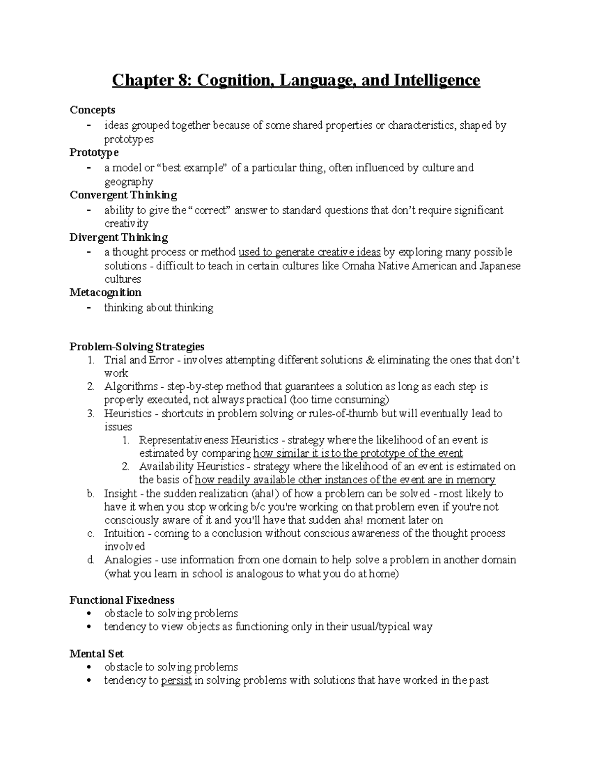 Study Guide for Major Chapters - Chapter 8: Cognition, Language, and ...