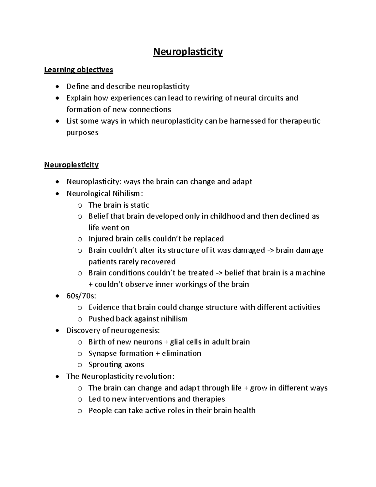 Neuroplasticity - chapter 4 - Neuroplasticity Learning objectives ...