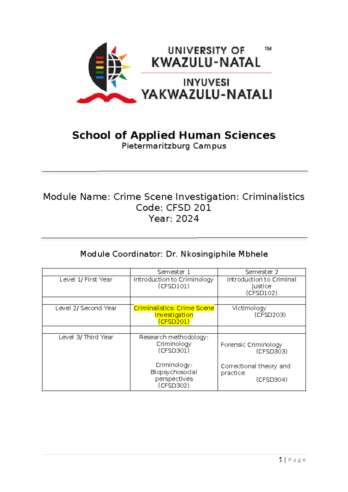 Module Outline - School of Applied Human Sciences Pietermaritzburg ...