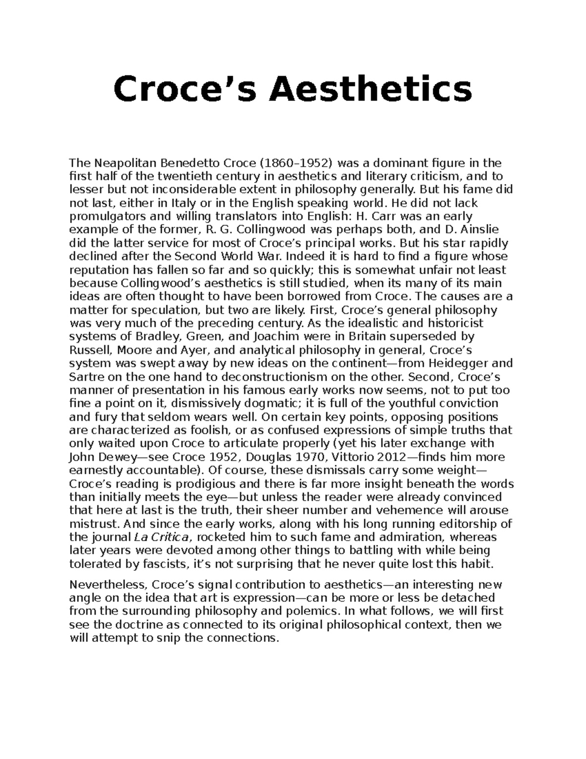 Lecture on Croce’s Aesthetics - Croce’s Aesthetics The Neapolitan ...