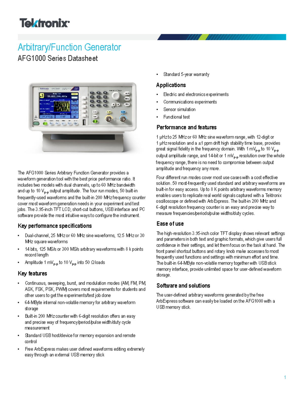 AFG1000 Arbitary Function Generator Datasheet EN-US 75W-60160-4 - The ...
