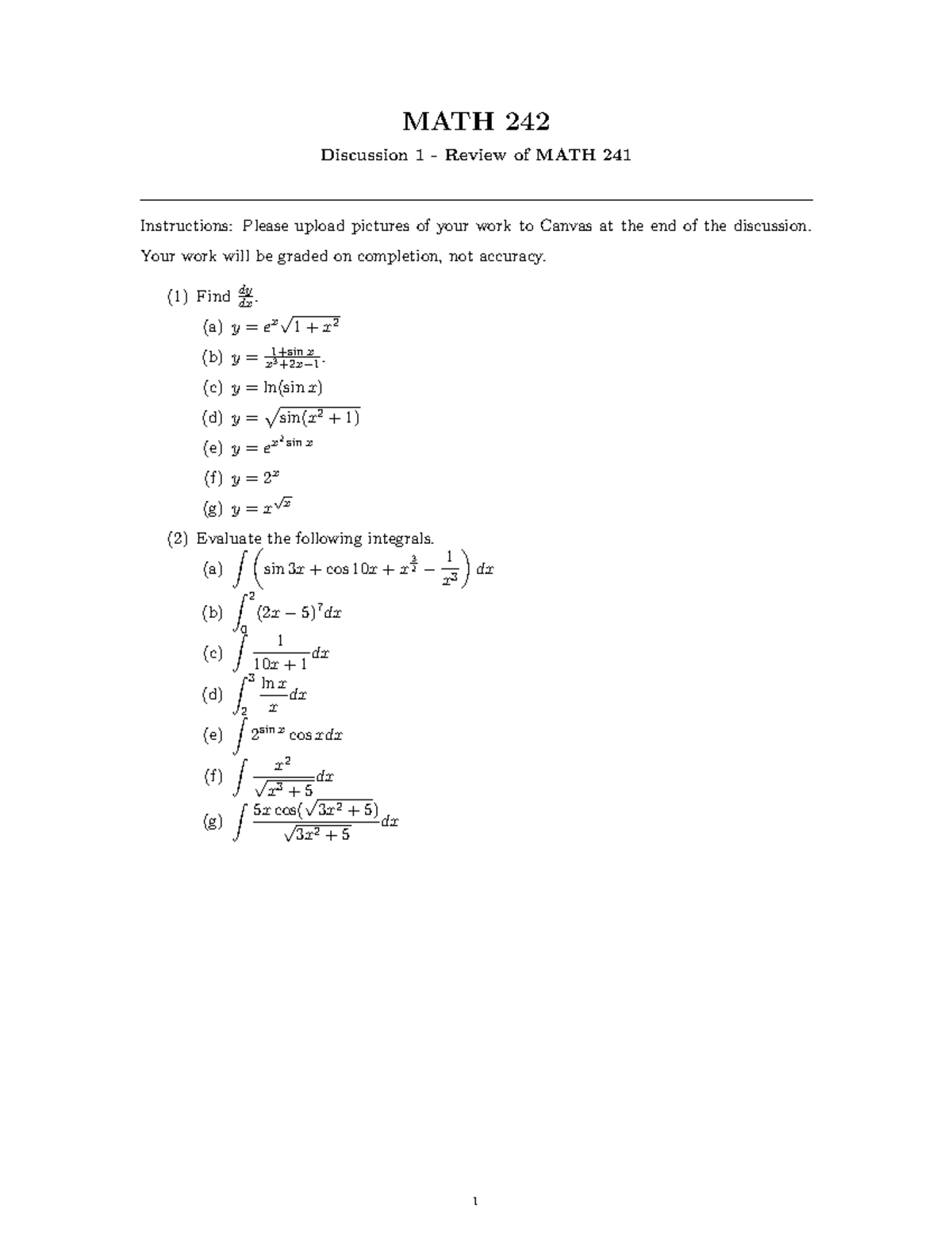 problems to practice - MATH 242 Discussion 1 - Review of MATH 241 ...
