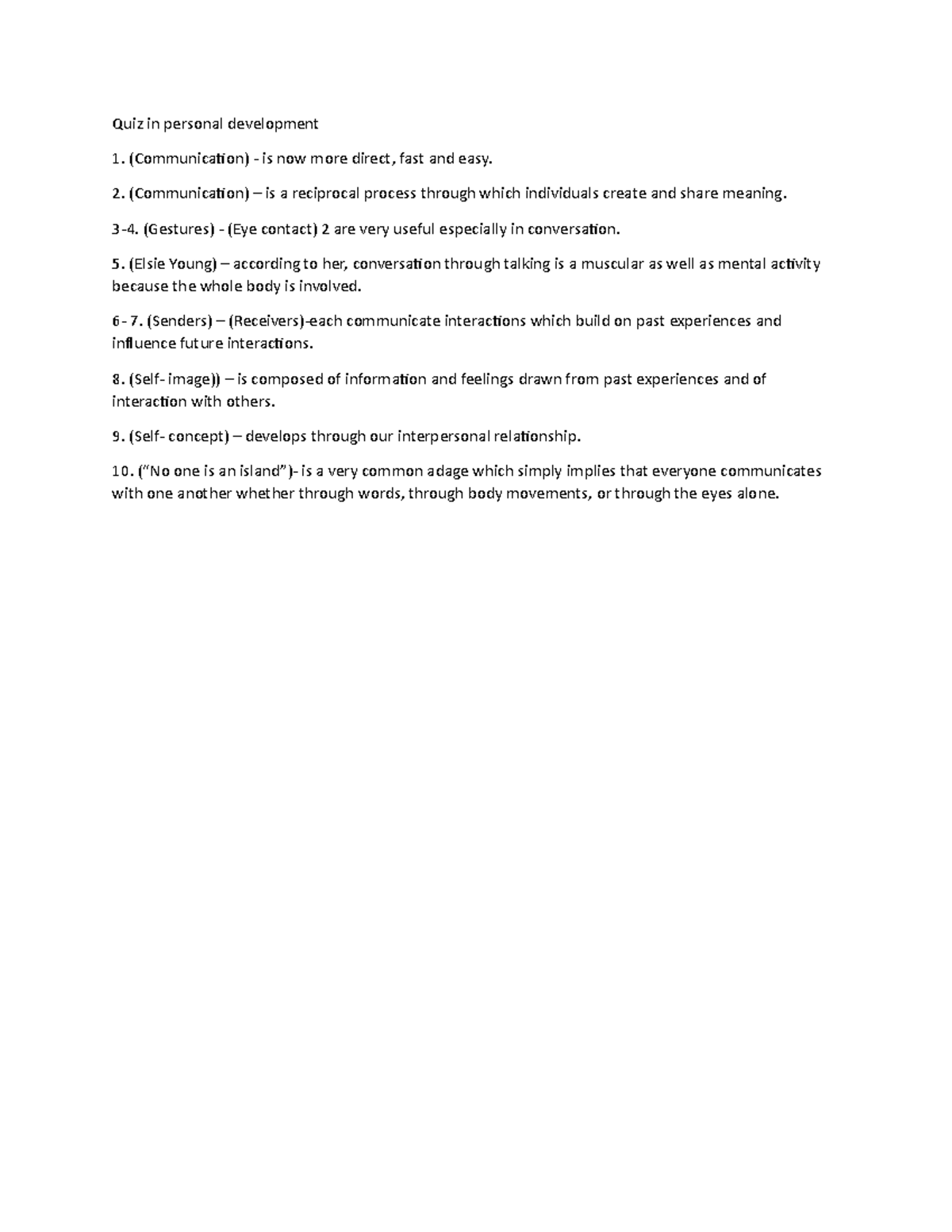 short quiz in personal development - secondary education - UZ - Studocu