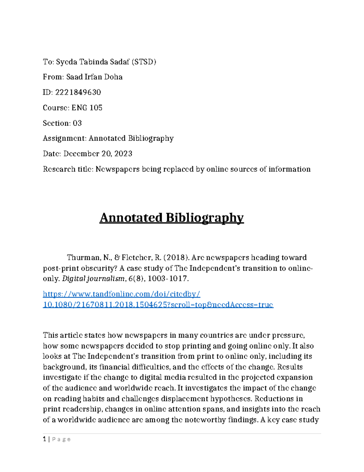 Annotated Bibliography - To: Syeda Tabinda Sadaf (STSD) From: Saad ...