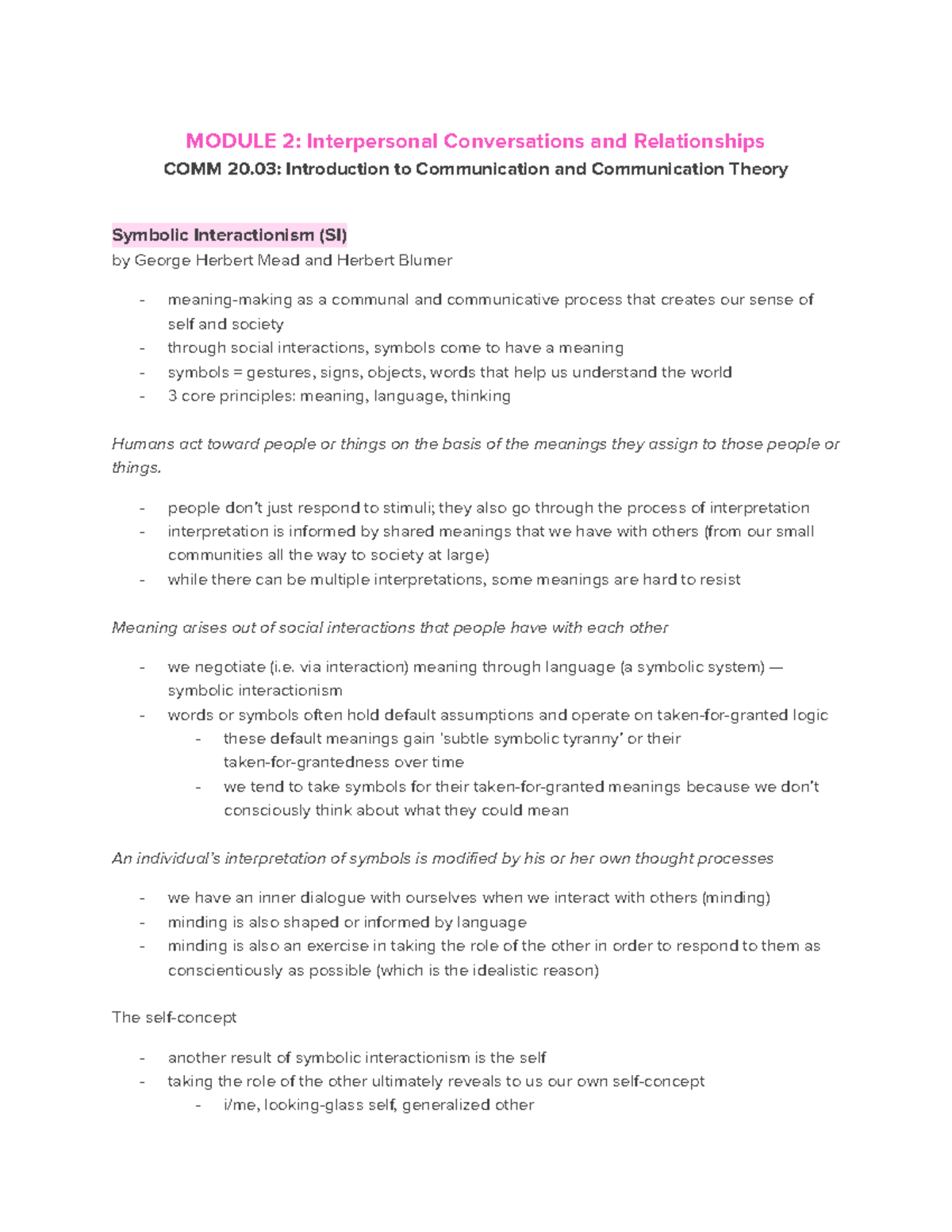 COMM 20.03 Module 2 - MODULE 2: Interpersonal Conversations and Relationships COMM 20 ...