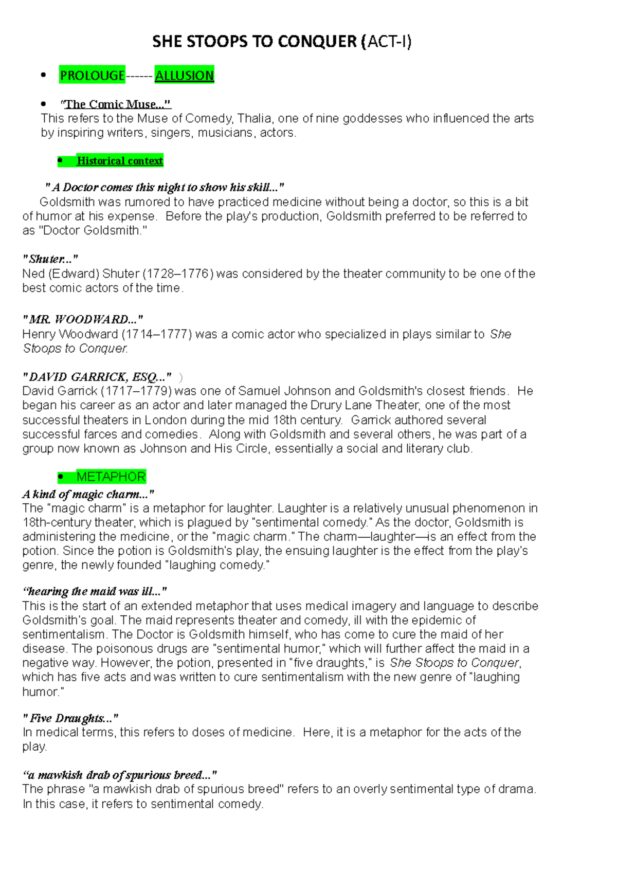 She Stoops to Conquer (Word Notes) - SHE STOOPS TO CONQUER (ACT-I ...