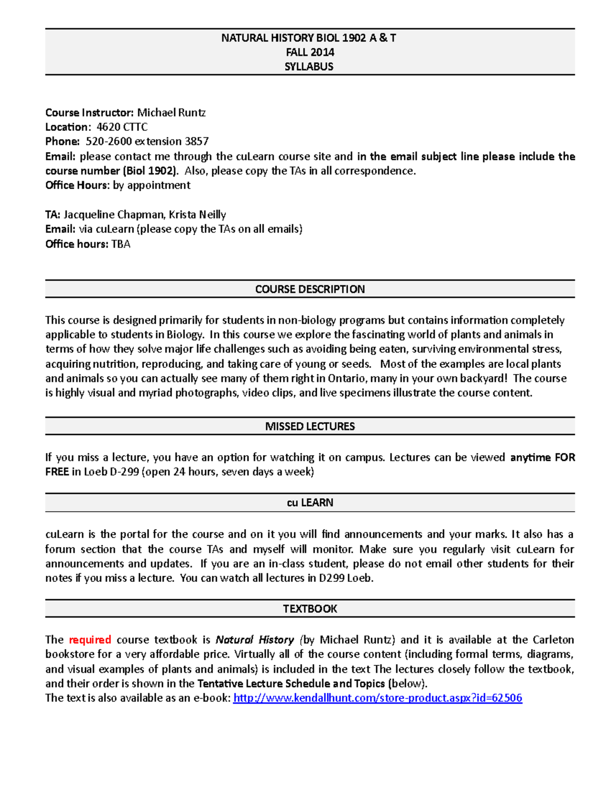 Course outline - NATURAL HISTORY BIOL 1902 A T FALL 2014 SYLLABUS ...