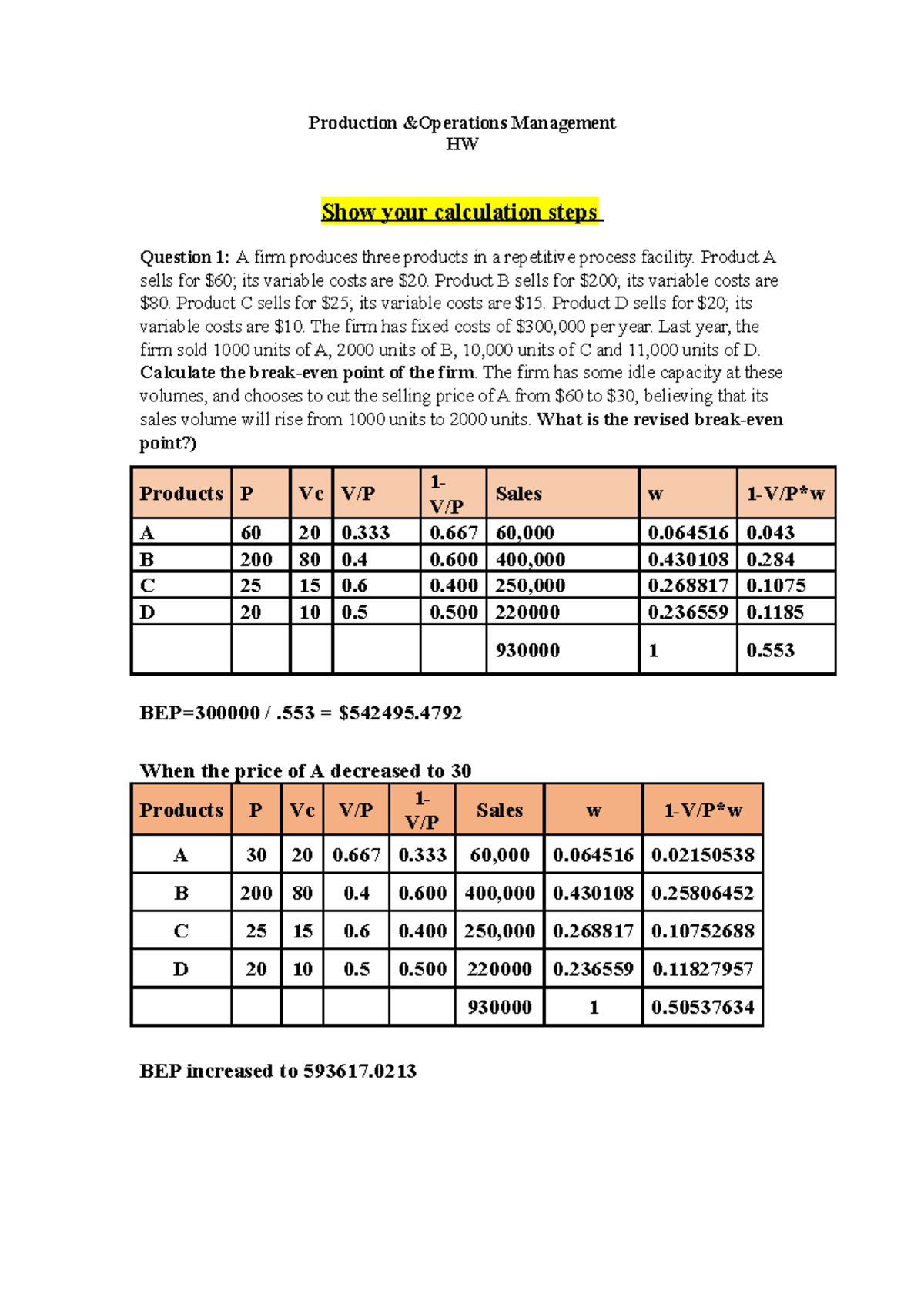 Production HW - accounting - Production &Operations Management HW Show ...