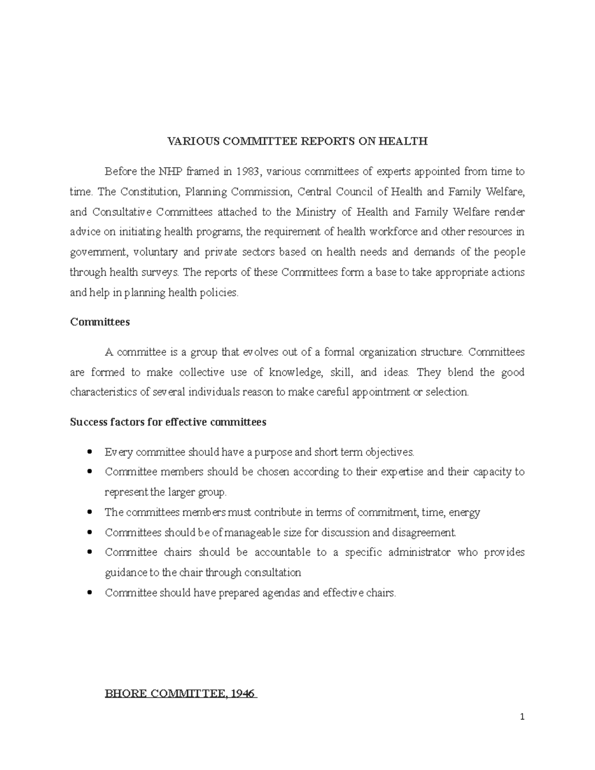 Various commitee report on health - VARIOUS COMMITTEE REPORTS ON HEALTH ...