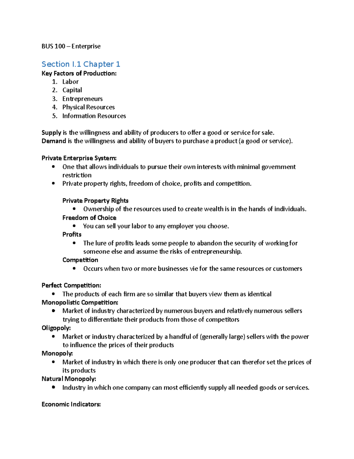 Business Enterprise - Lecture notes Notes for Exam I - BUS 100 ...