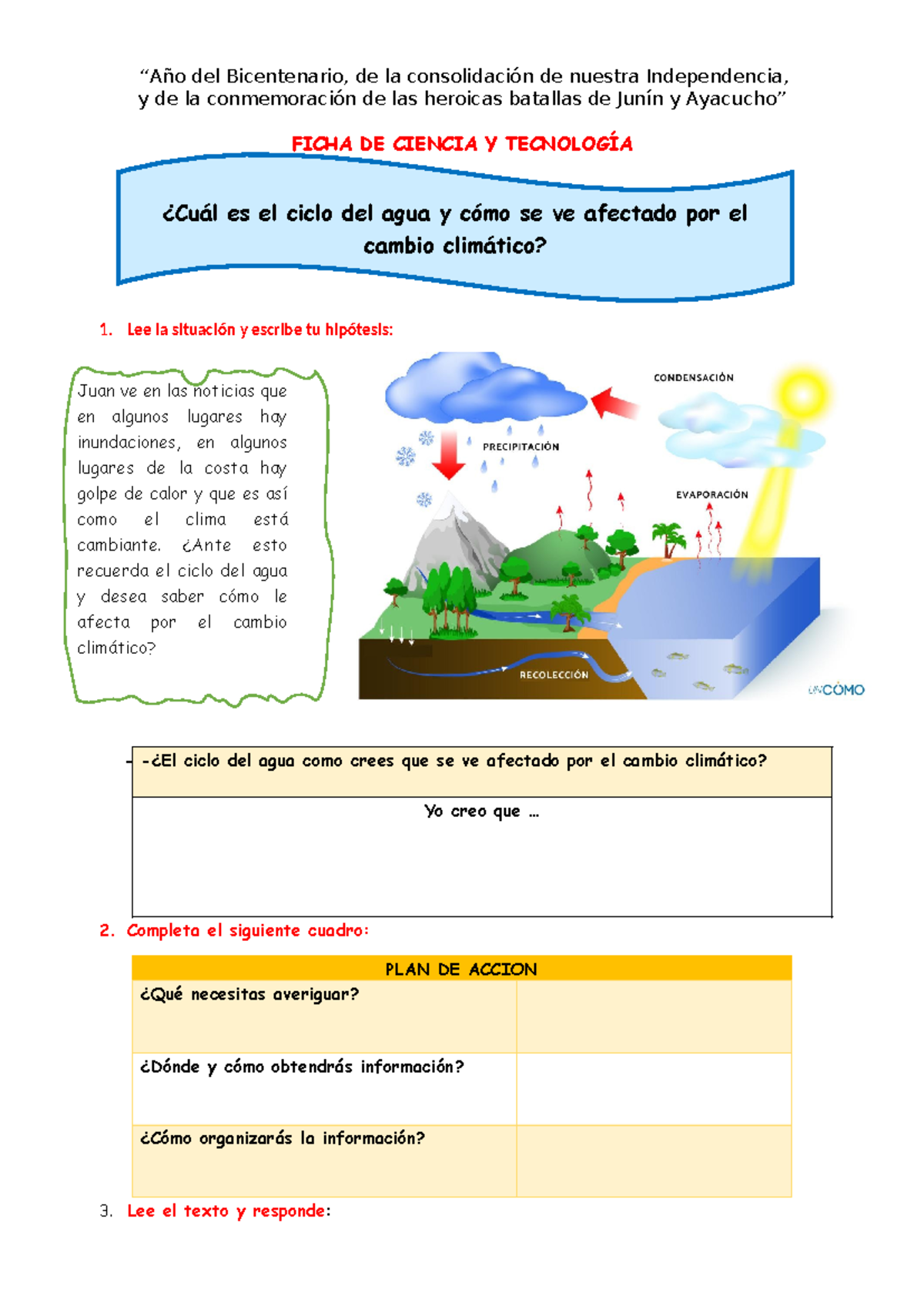 Ficha Ciclo DEL AGUA - “Año del Bicentenario, de la consolidación de ...