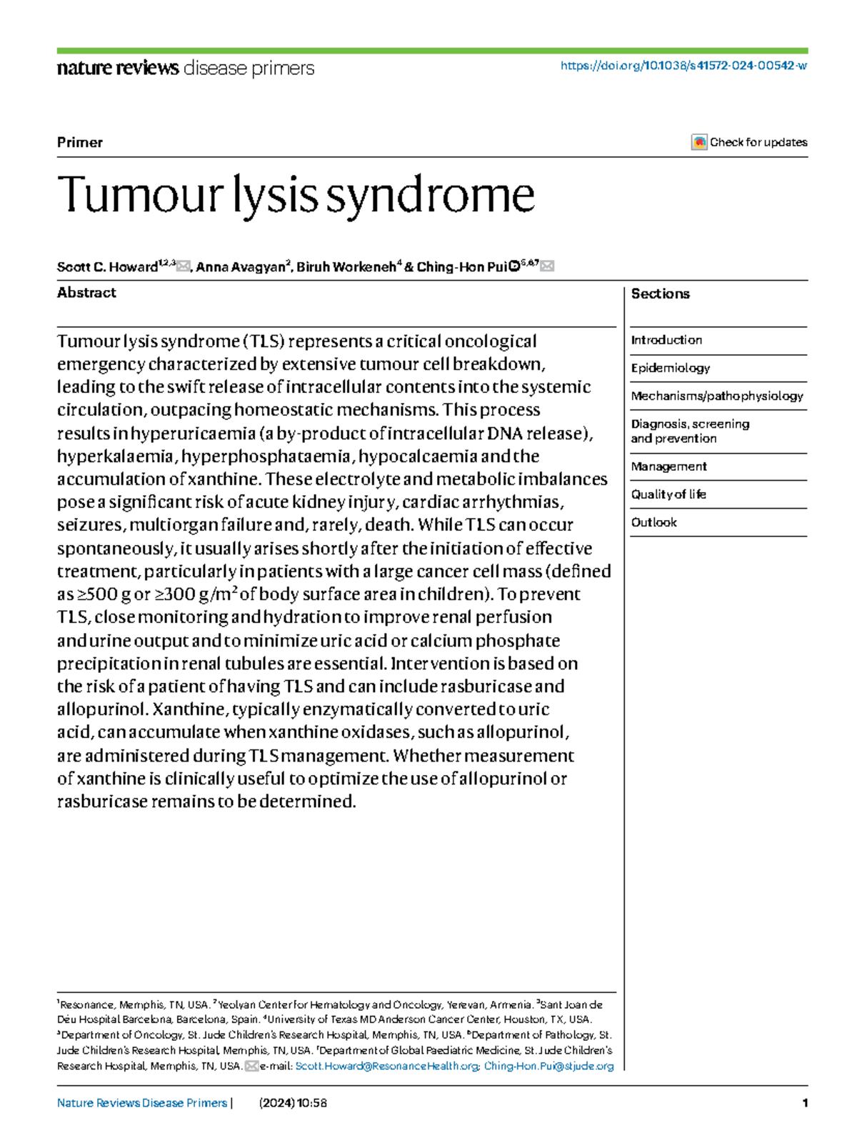 Scott c howard tumour lysis syndrome 2024 - Nature Reviews Disease ...