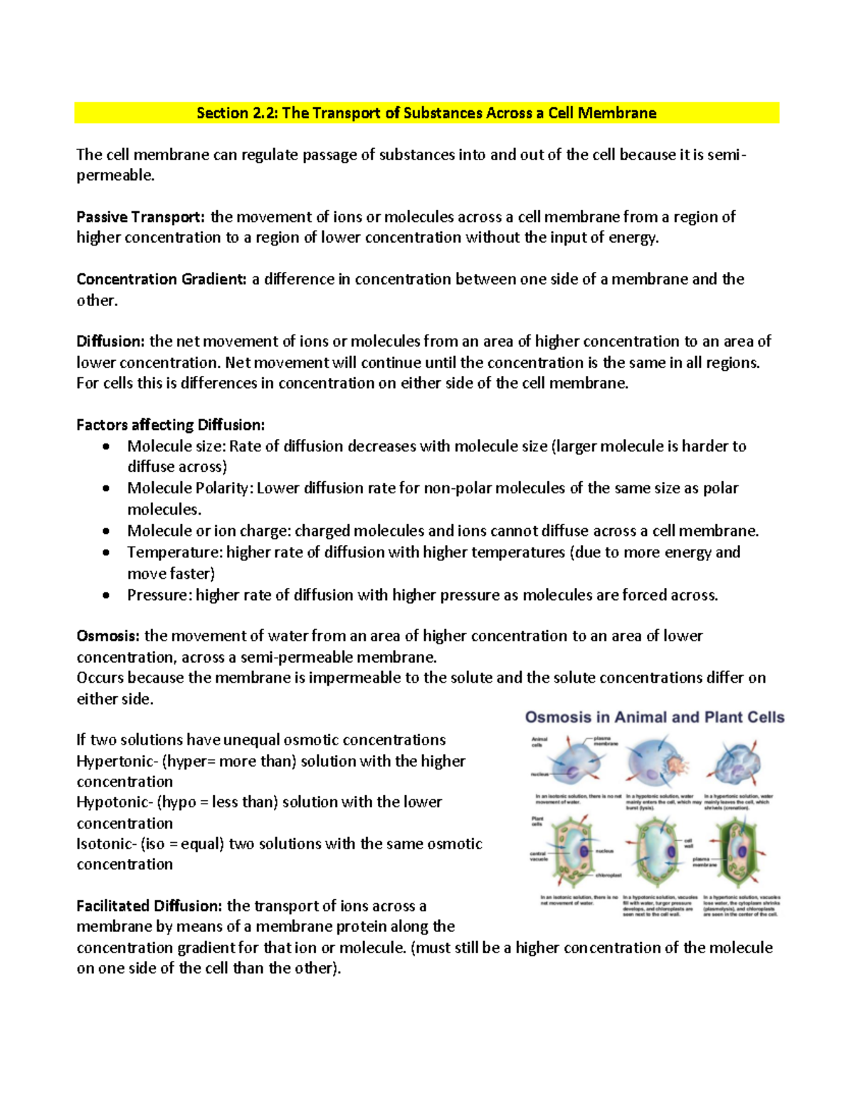 Section 2.2 Transportation of Substances Across a cell membrane ...