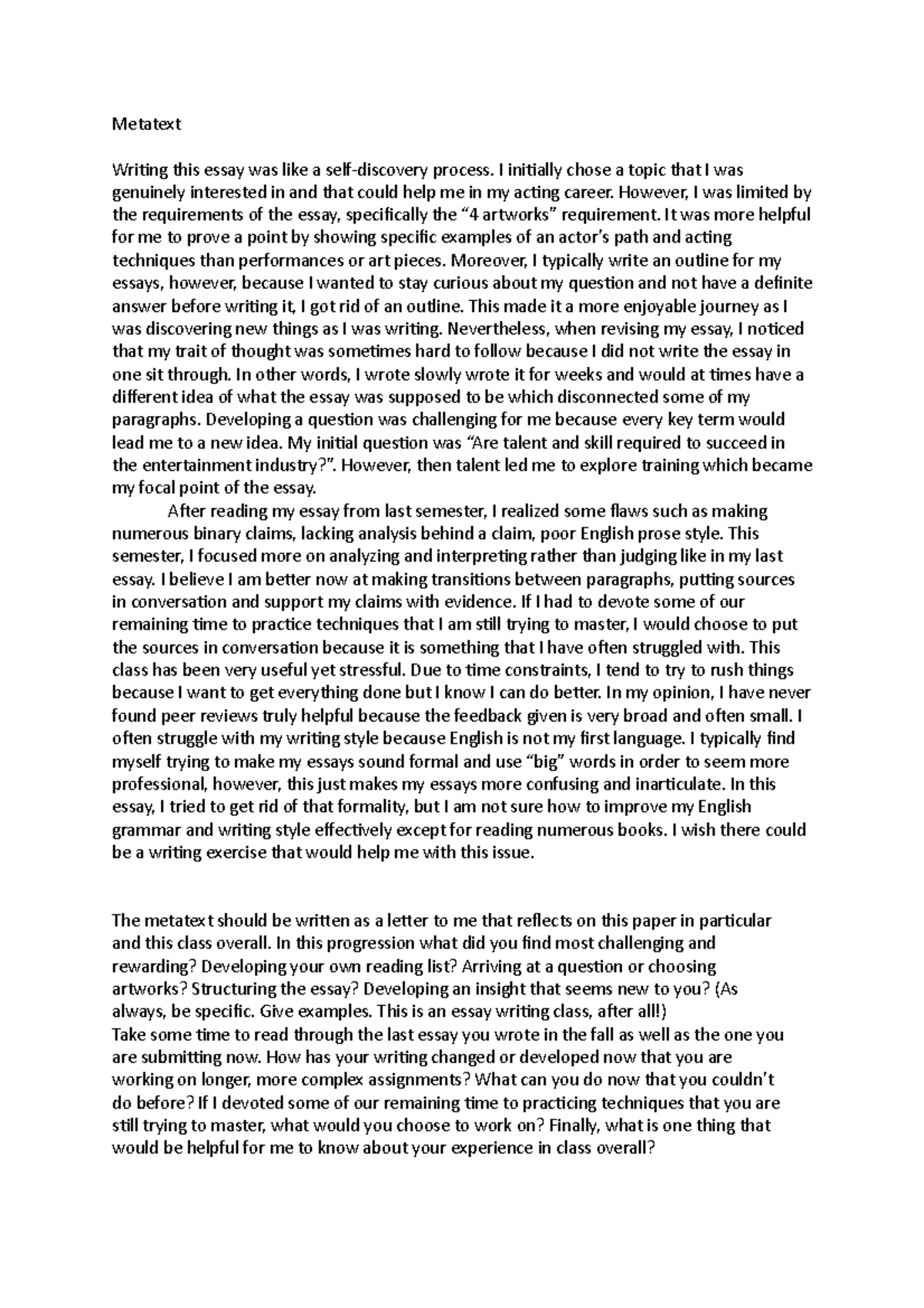 Metatext - Metatext Writing this essay was like a self-discovery ...