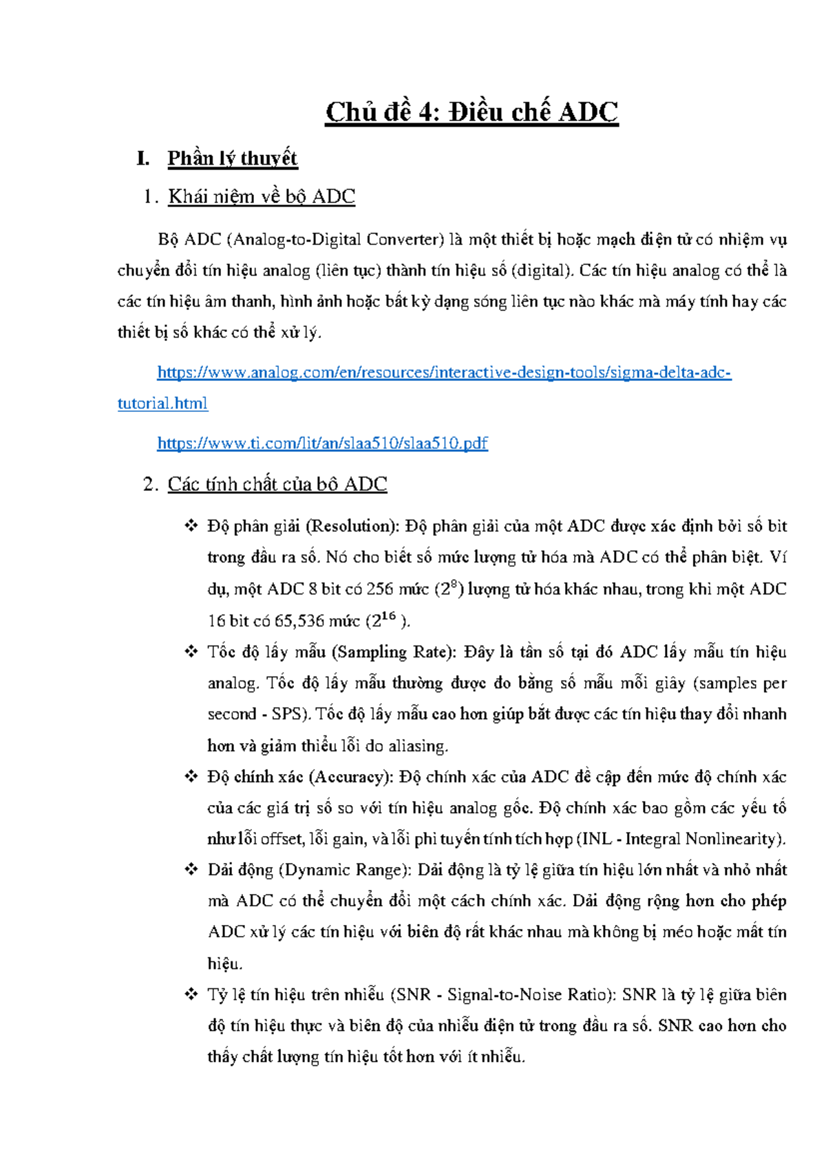 Chu de 4 ADC - nóadmasd - Chủ đề 4: Điều chế ADC I. Phần lý thuyết 1. Khái niệm về bộ ADC Bộ ADC ...