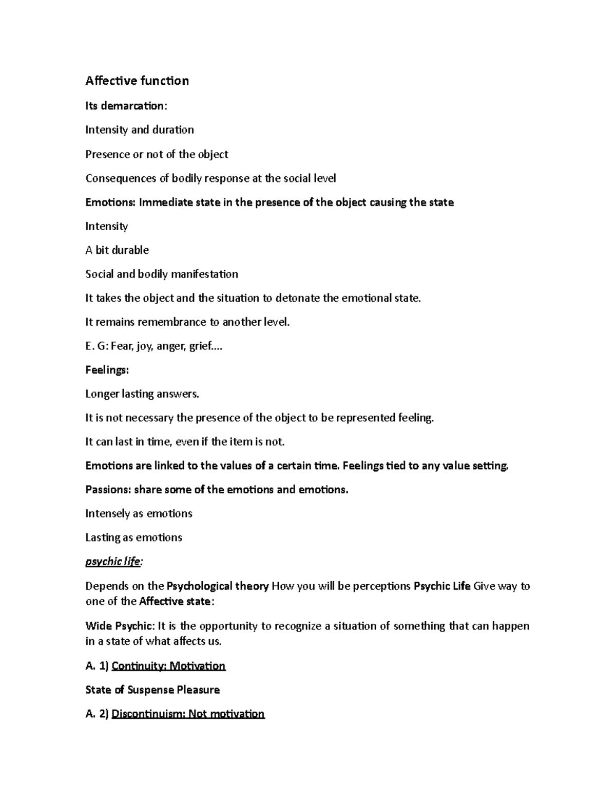 Affective function - Its demarcation: Intensity and duration Presence ...