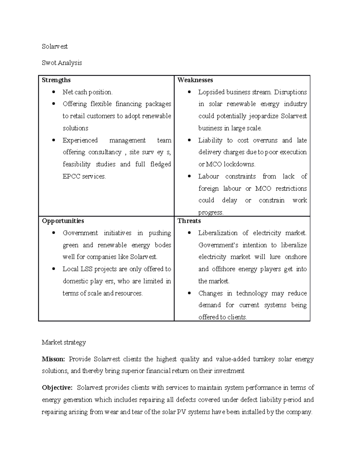 Swot Analysis, Marketing strategy (Mission, Objective) - Solarvest Swot ...
