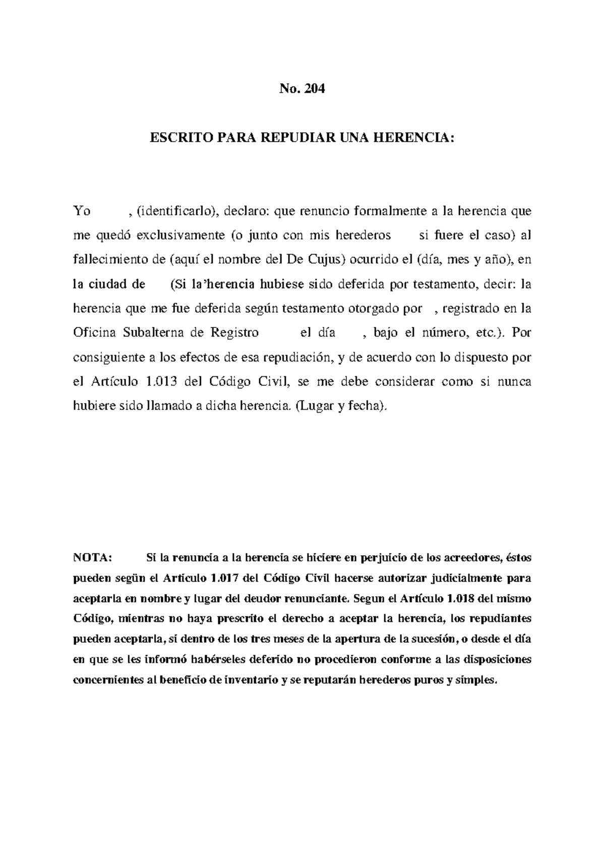 Escrito Para Repudiar Una Herencia No 204 Escrito Para Repudiar Una
