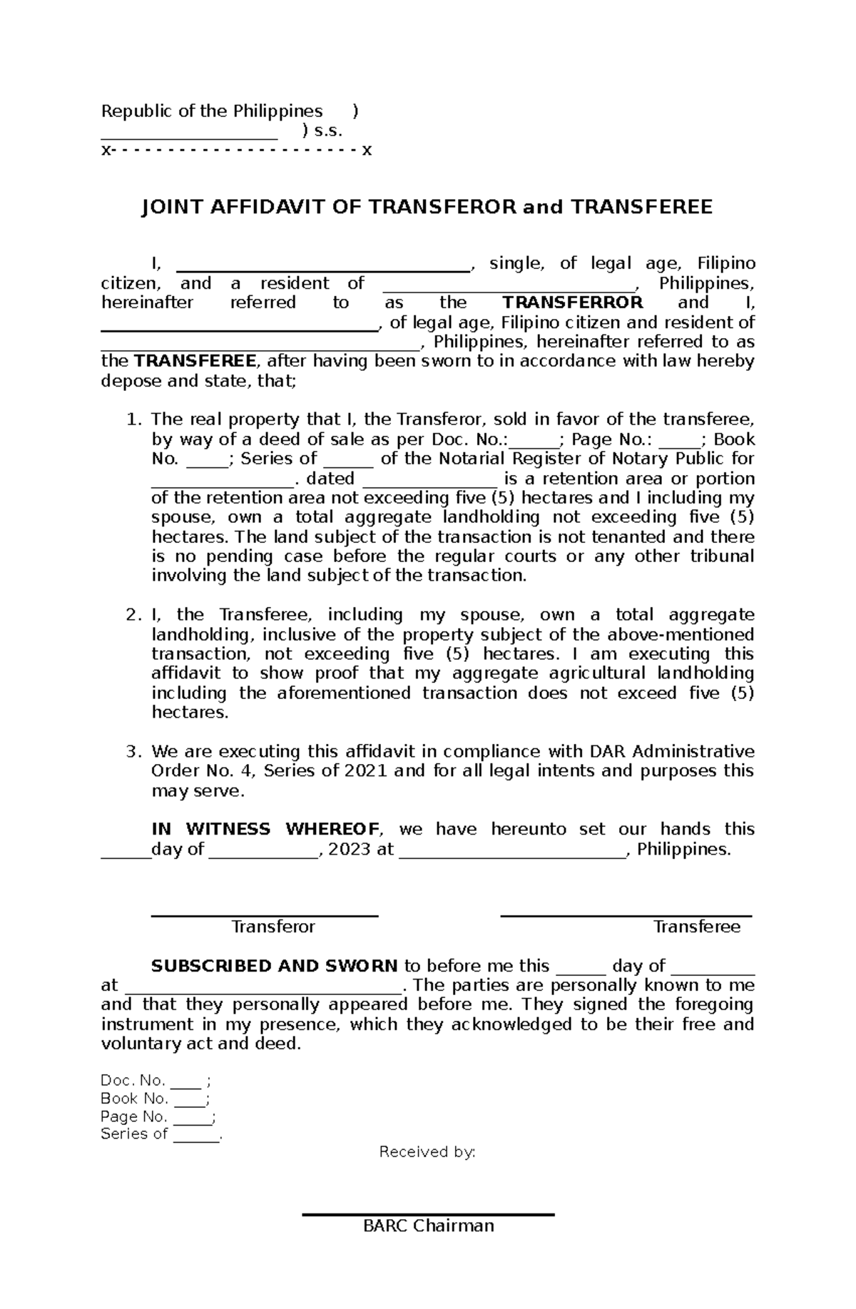 Affidavit of Transferor and Transferee (Sample) - Republic of the ...