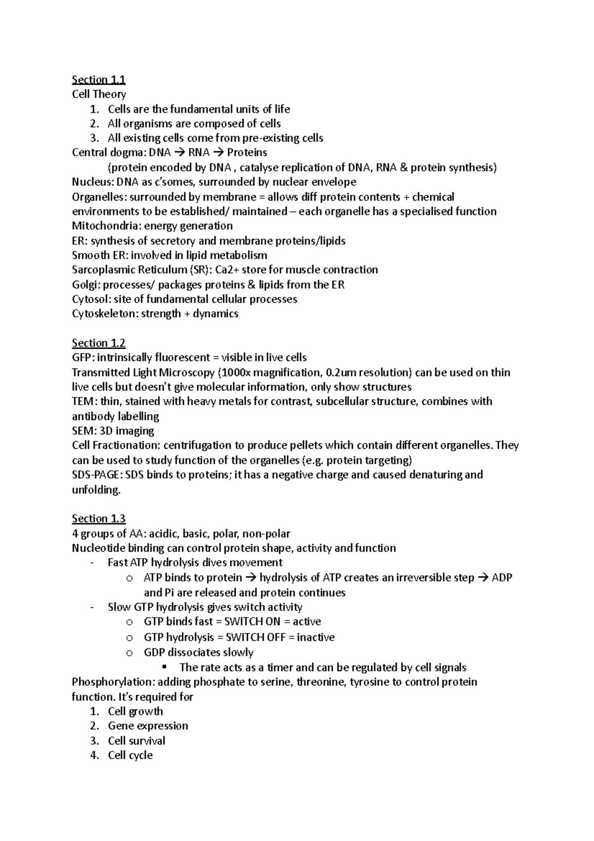 BIOL10232 Section 1 - Lecture Notes - Section 1. Cell Theory 1. Cells ...