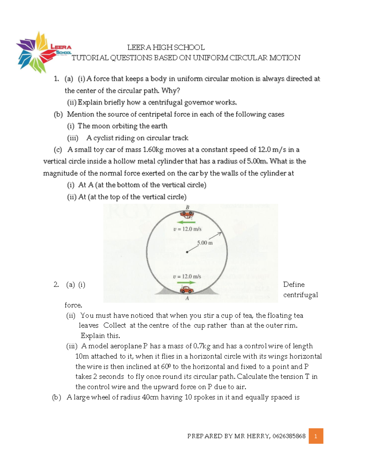 Circular Motion Questions - LEERA HIGH SCHOOL TUTORIAL QUESTIONS BASED ON UNIFORM CIRCULAR ...