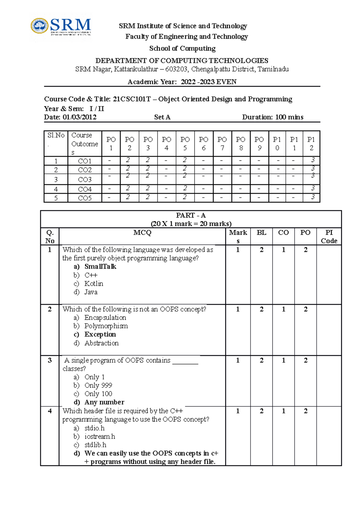 Ct 1 Qp Set A Key Cycle Test 1 Answers Srm Institute Of Science And Technology Faculty Of 5134