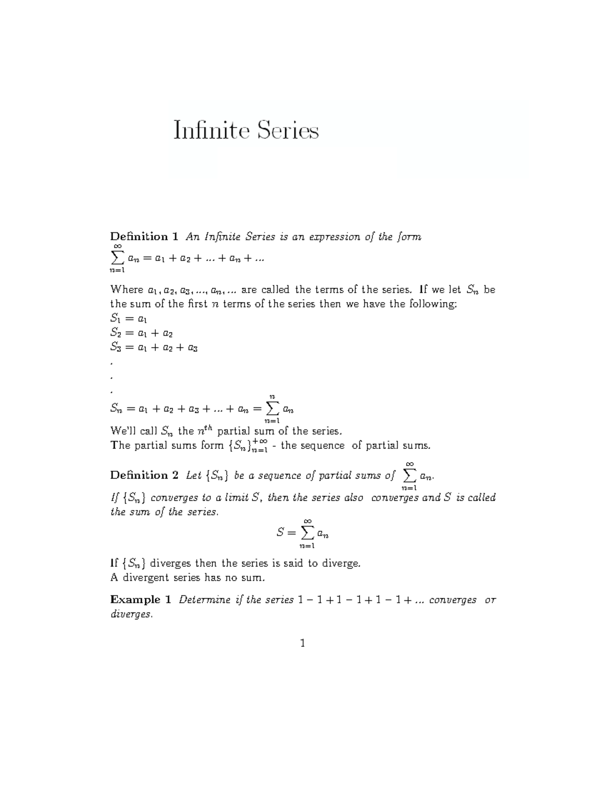 MA-Infinite series Notes - Lecture Notes on Infinite Series Laurel Benn ...