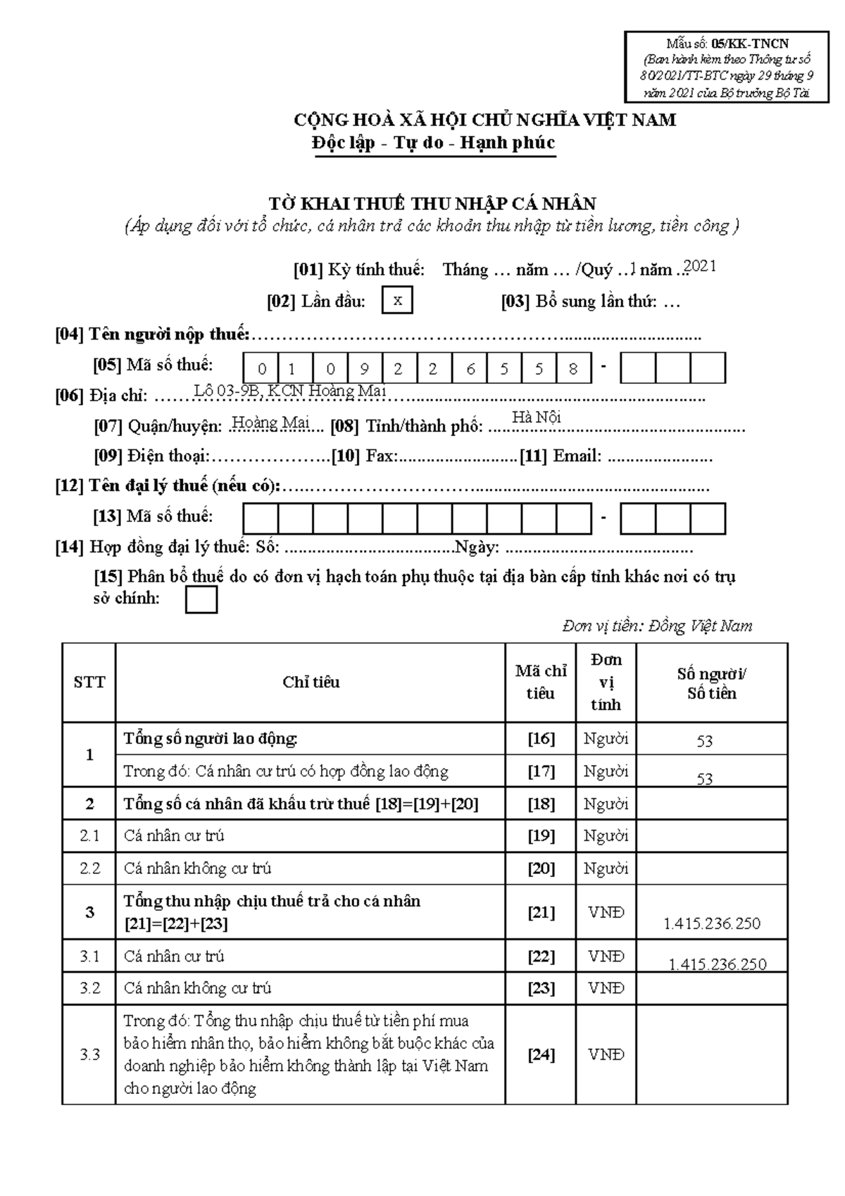 Mau to khai thue thu nhap ca nhan - Mẫu số: 05/KK-TNCN (Ban hành kèm theo Thông tư số 80/2021/TT ...
