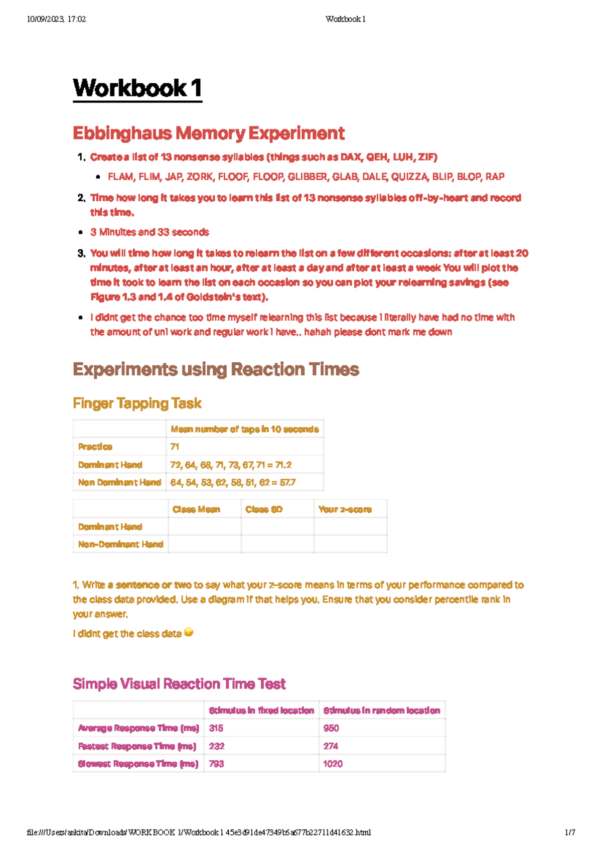 Workbook 1 - Workbook 1 Ebbinghaus Memory Experiment . Create a list of ...