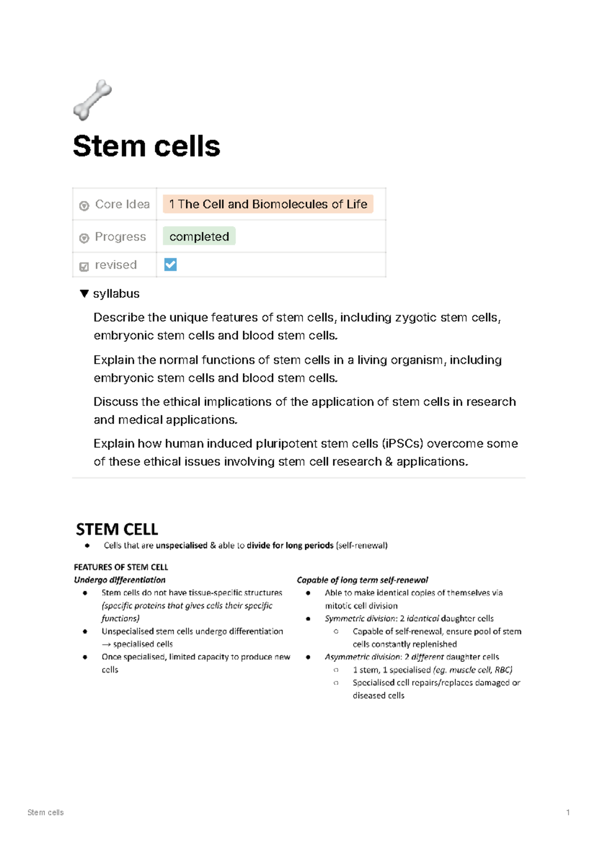 Stem Cells - 🦴 Stem cells Core Idea 1 The Cell and Biomolecules of Life ...