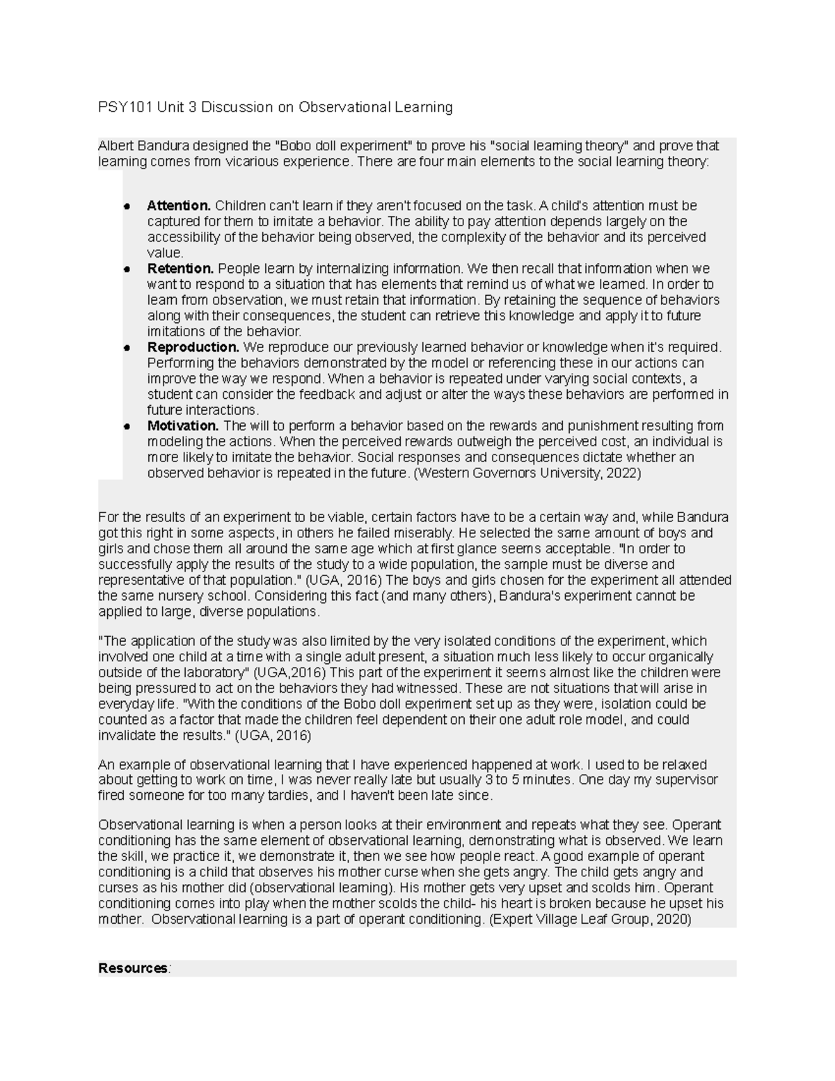PSY101 Unit 3 Discussion on Observational Learning Studocu - PSY101 ...