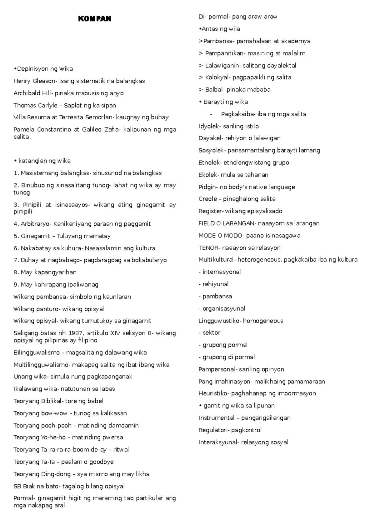Oral Communication - KOMPAN •Depinisyon ng Wika Henry Gleason- isang ...