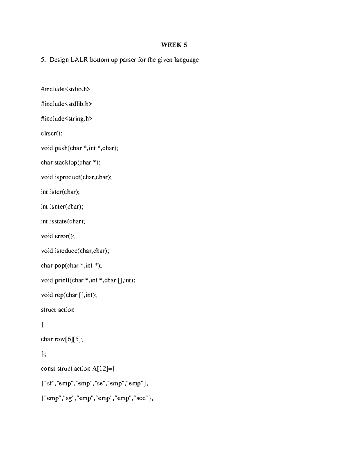 WEEK 5 - ............. - WEEK 5 Design LALR bottom up parser for the given language - Studocu