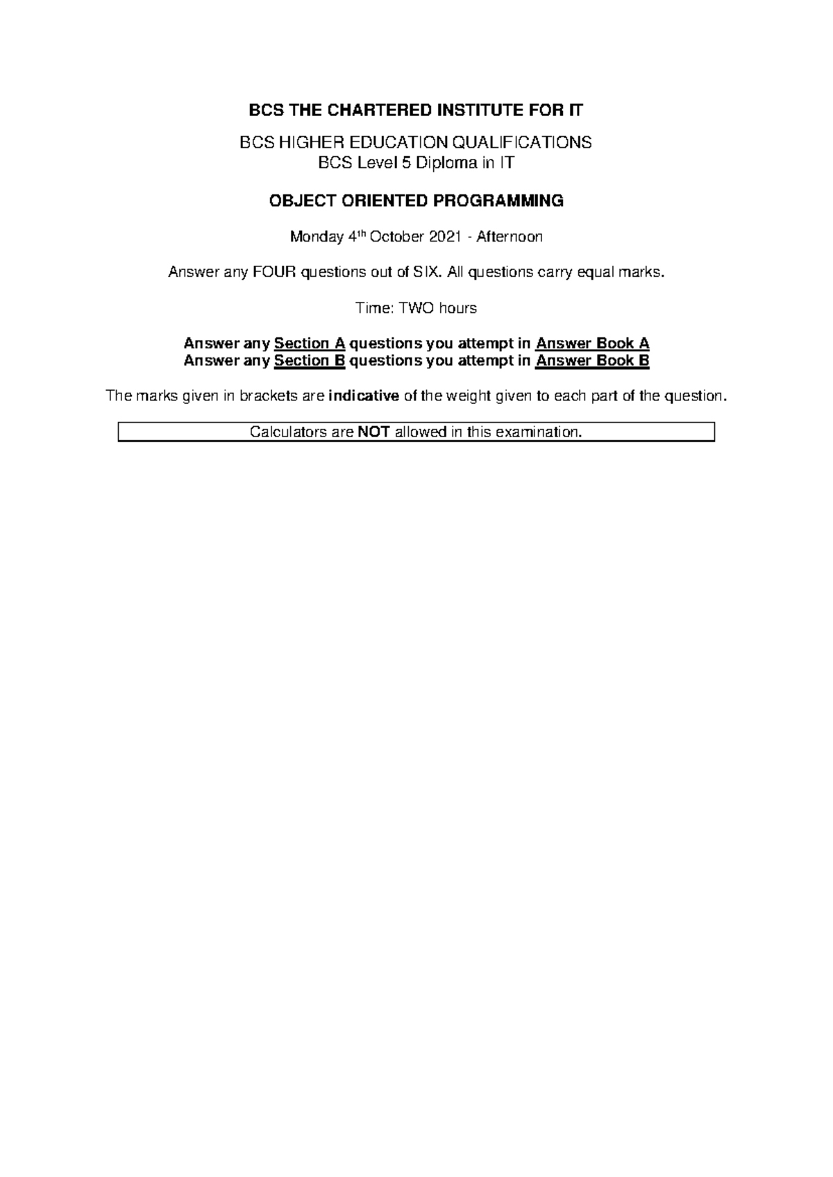 4. heq-oct21-dip-oop - past papers - BCS THE CHARTERED INSTITUTE FOR IT ...