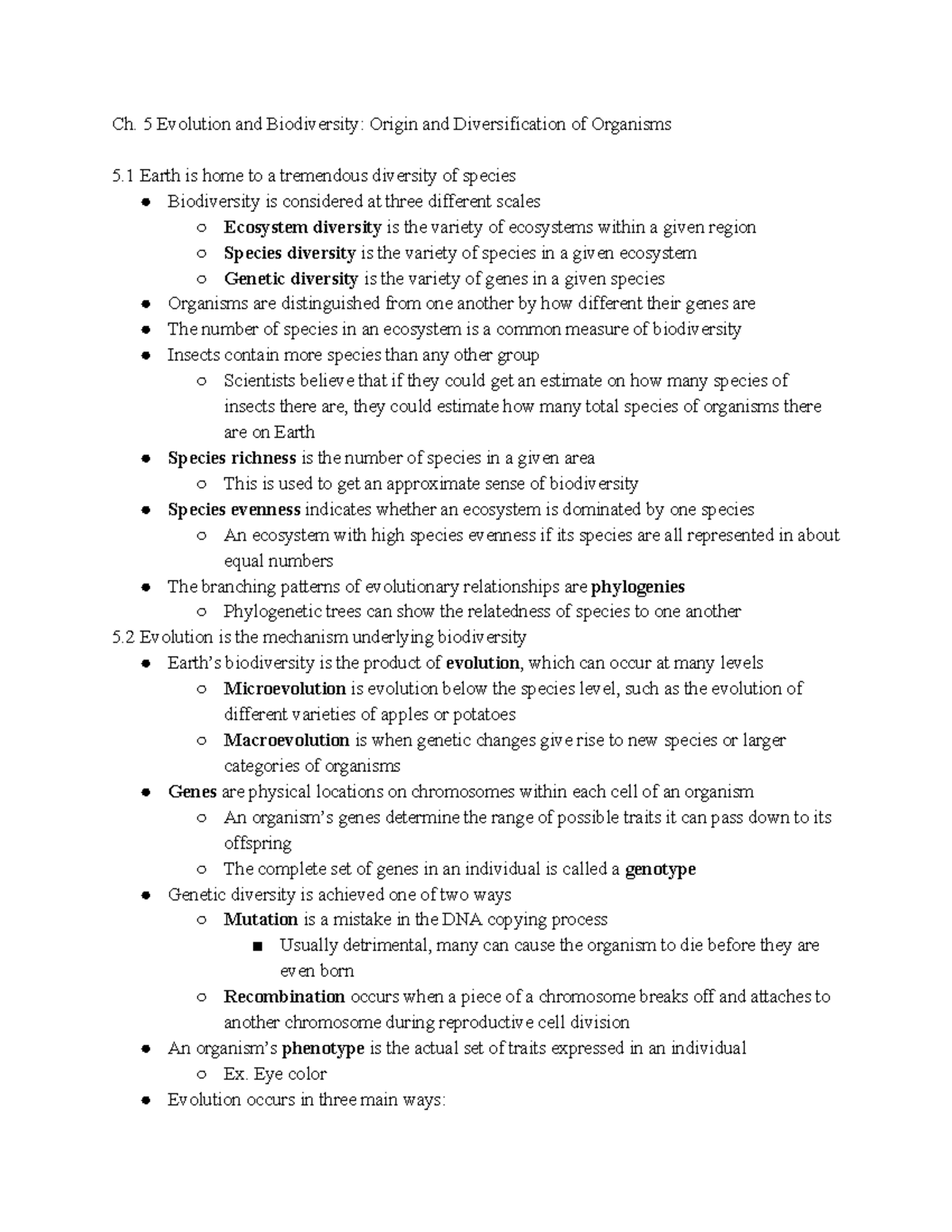 Ch. 5 Outline - Ch. 5 Evolution and Biodiversity: Origin and ...