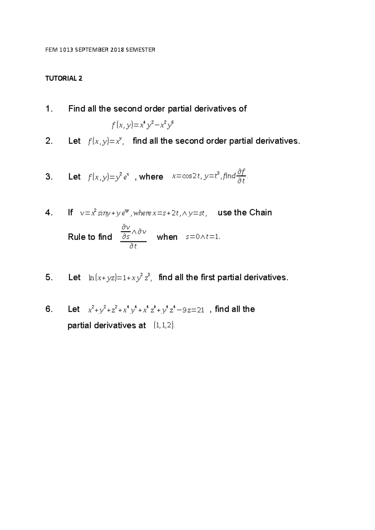 Tutorial 2 - FEM 1013 SEPTEMBER 2018 SEMESTER TUTORIAL 2 1. Find all ...