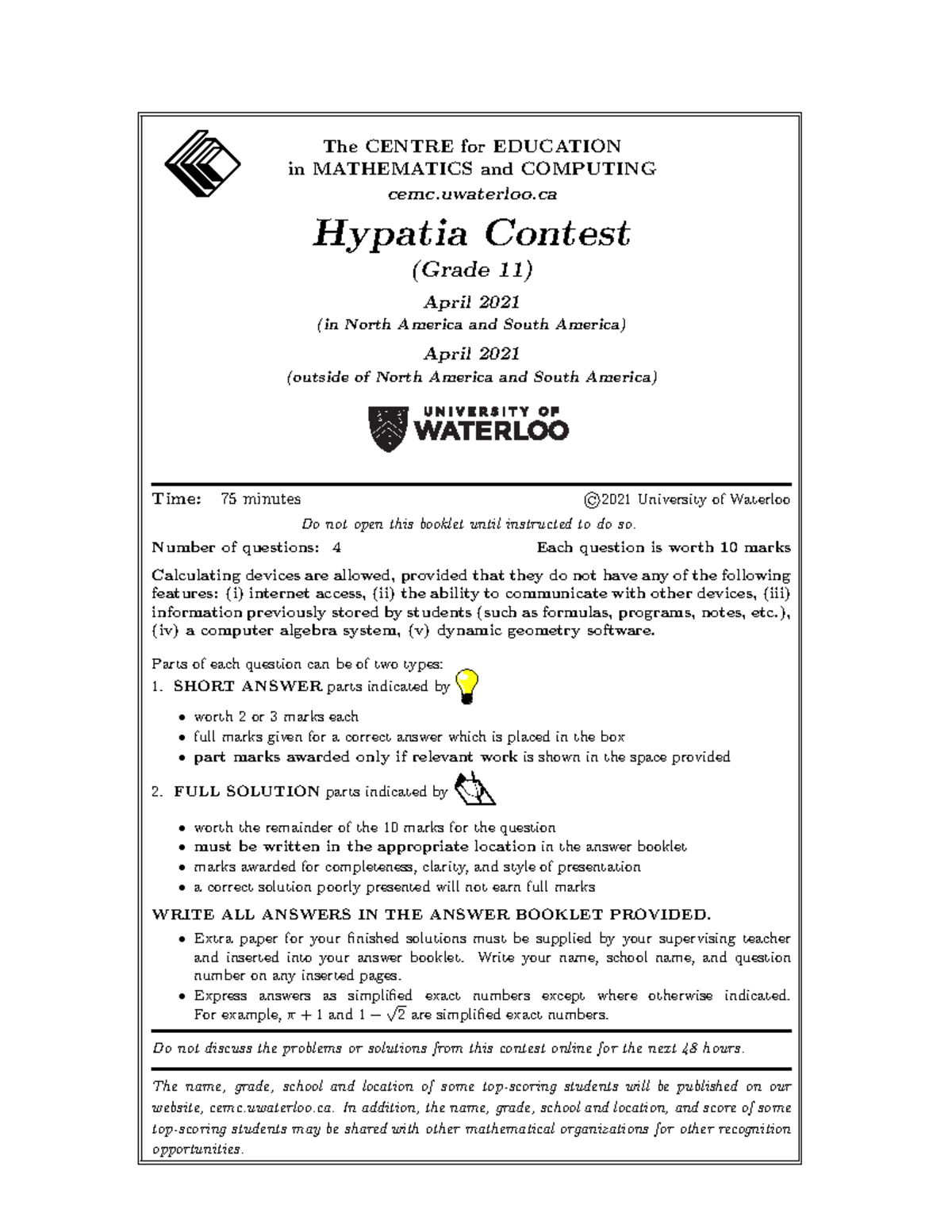 Hypatia Combined Contest - The CENTRE for EDUCATION in MATHEMATICS and ...