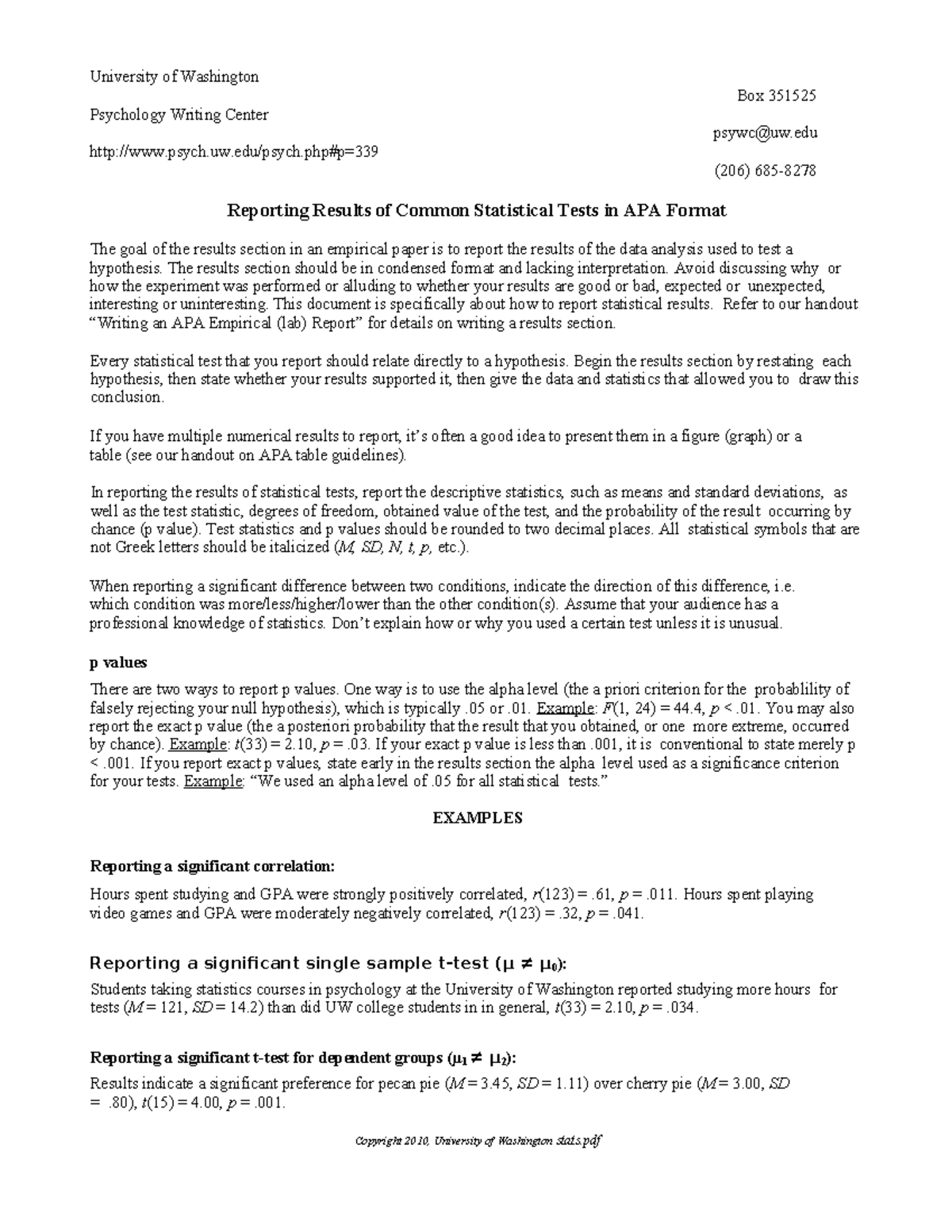 Reporting in APA style 1 - University of Washington Box 351525 ...