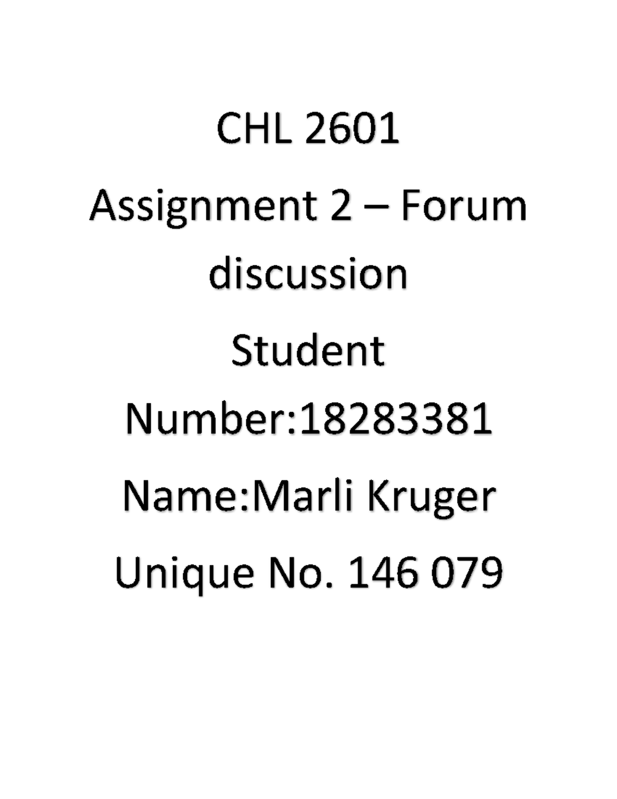 CHL 2601 Forum ass 2 - letter - CHL 2601 Assignment 2 – Forum ...