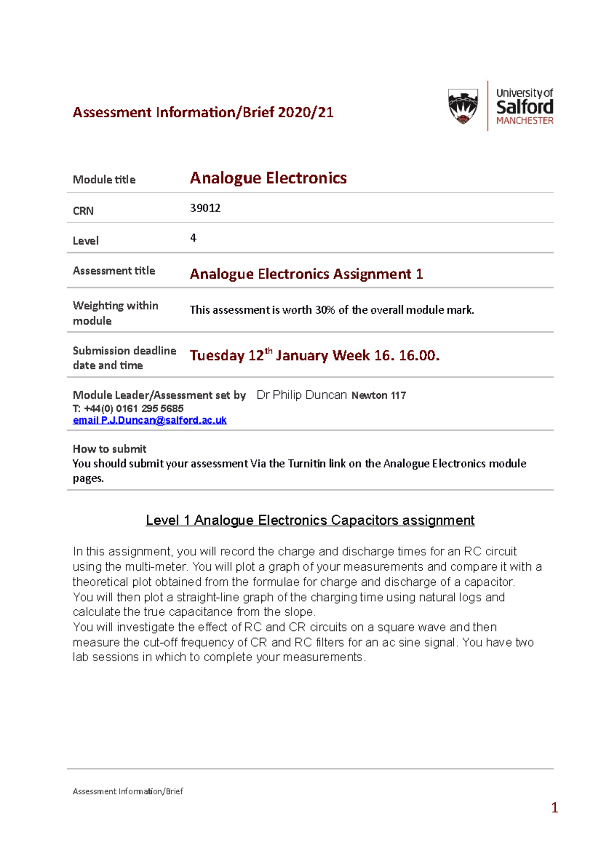 Analogue Electronics Assignment 1 2020-21networking - Assessment ...