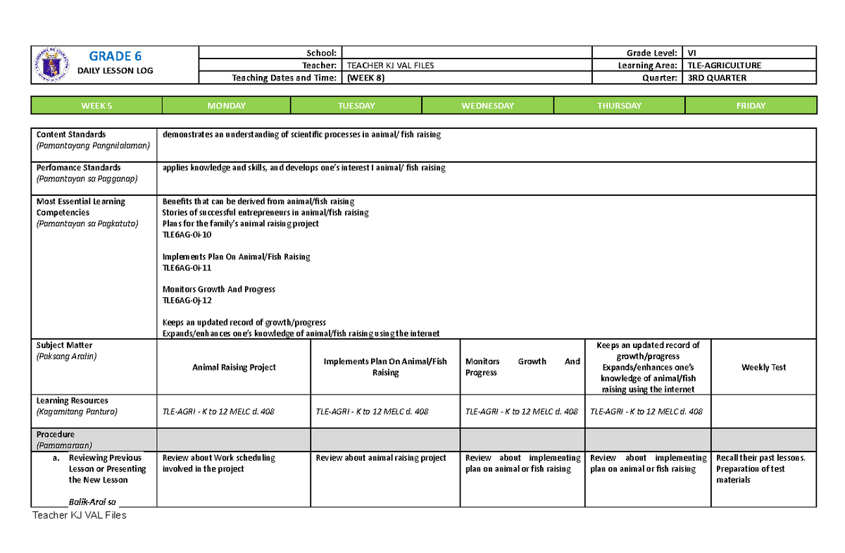 DLL TLE-AGRI6 WEEK 8 Q2 by Teacher KJ VAL - GRADE 6 DAILY LESSON LOG ...