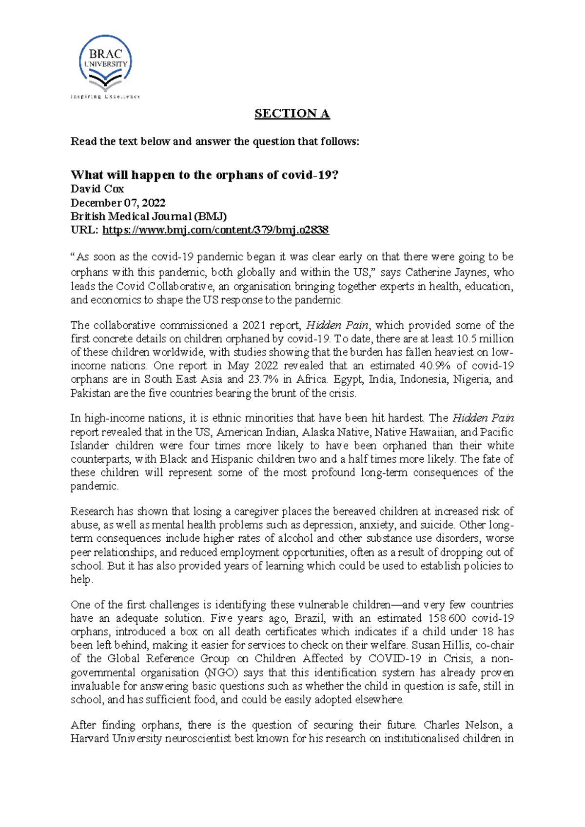 Final Exam Prajbctice Sample Question - SECTION A Read the text below ...