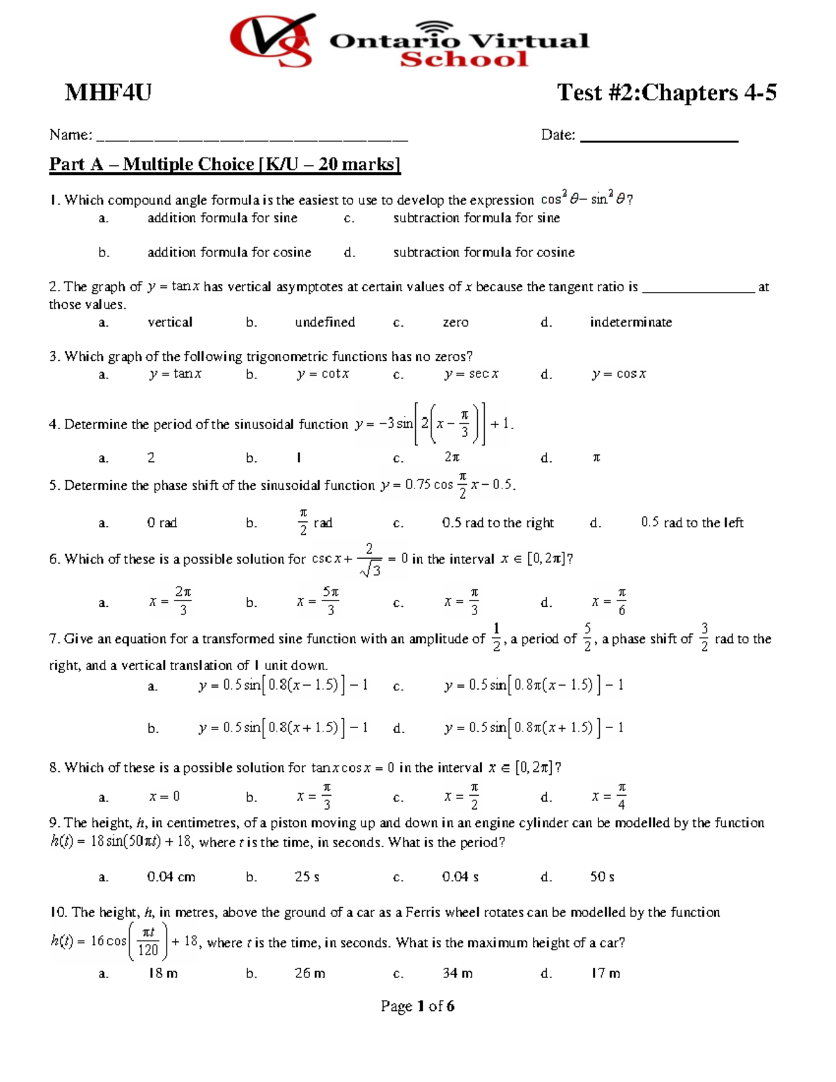 Unit 2 Practice Test - MHF4U Test #2:Chapters 4- Name