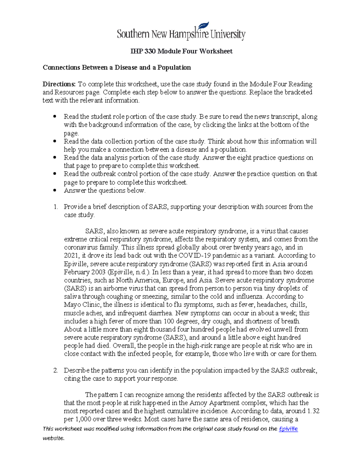 IHP 330 Module Four Worksheet Connections Between a Disease and a ...