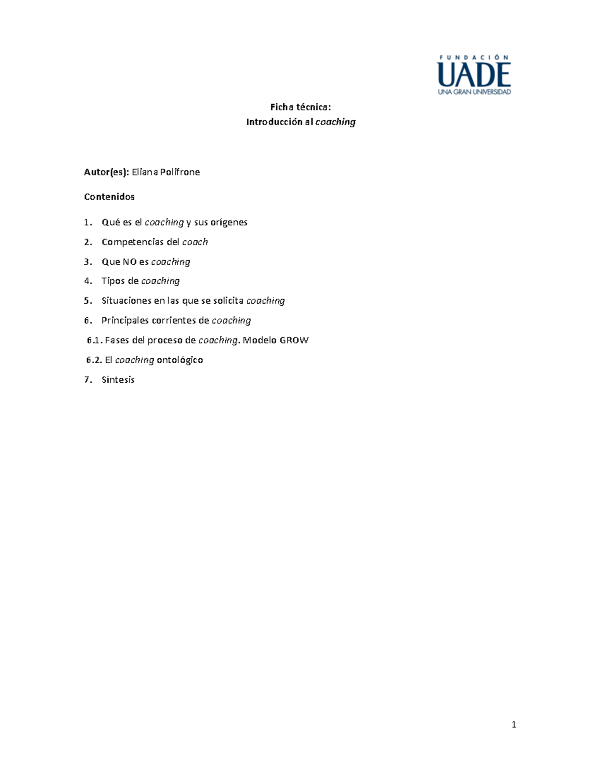 Coaching - Ficha técnica: Introducción al coaching Autor(es): Eliana ...